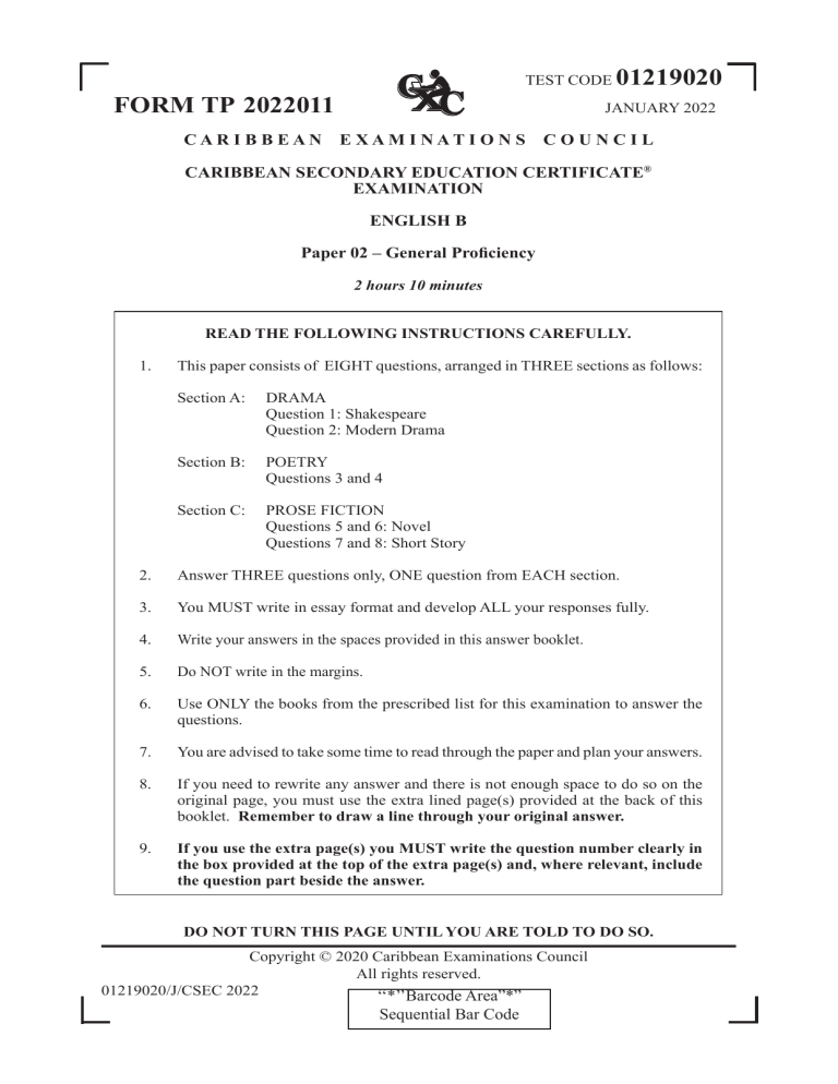 CSEC English B Exam Paper: Drama, Poetry, Prose