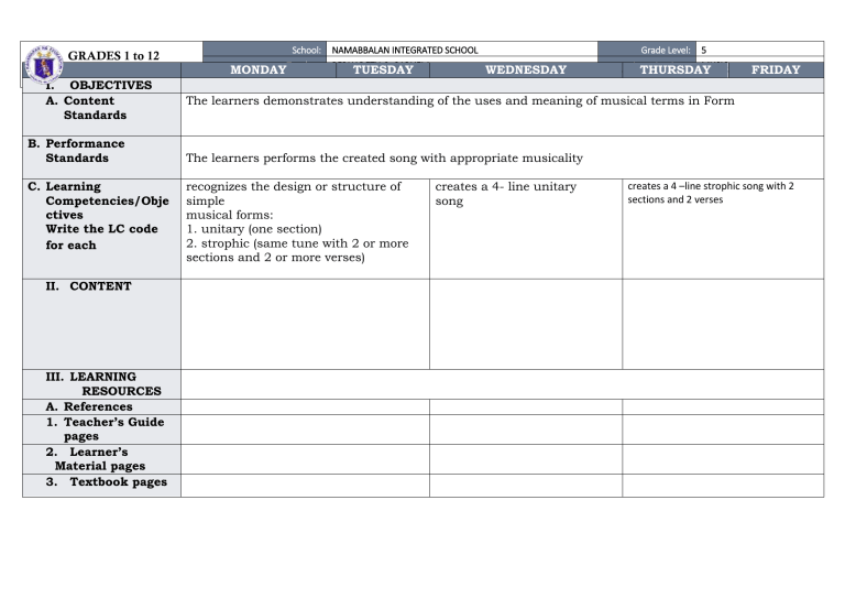 5th Grade Music Lesson Plan: Unitary & Strophic Forms