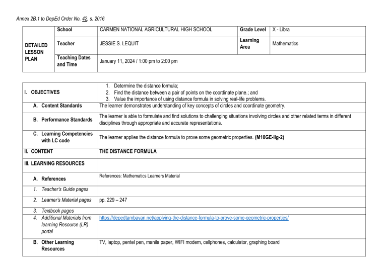 Distance Formula Lesson Plan for High School Math