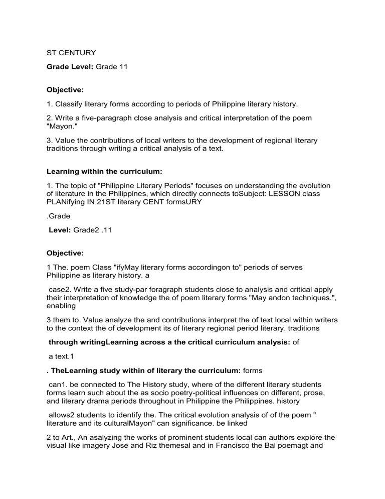 Philippine Literature Lesson Plan: Grade 11