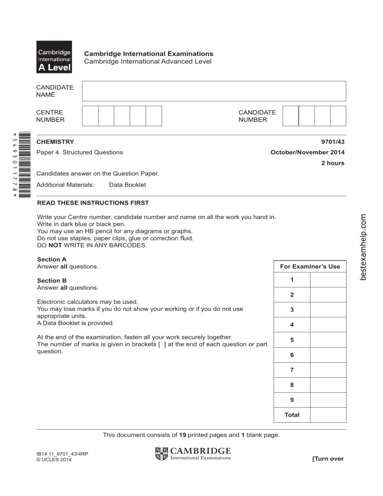 Cambridge A Level Chemistry Exam Paper 9701/43