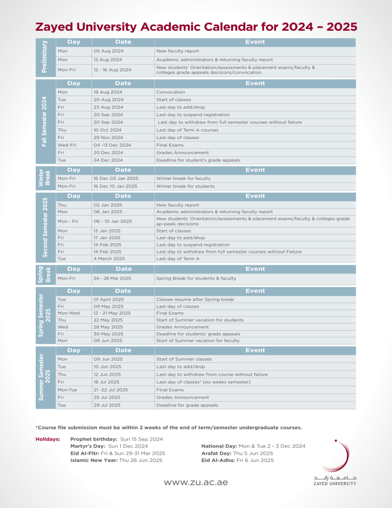 Zayed University Academic Calendar 2024-2025