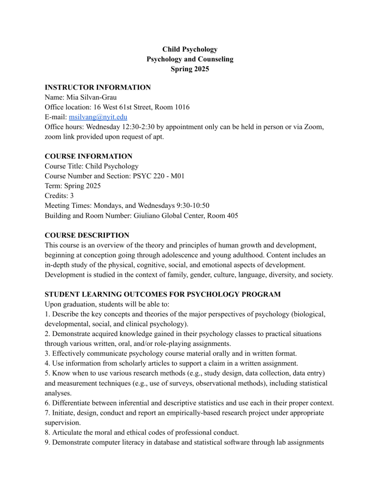 Child Psychology Course Syllabus Spring 2025