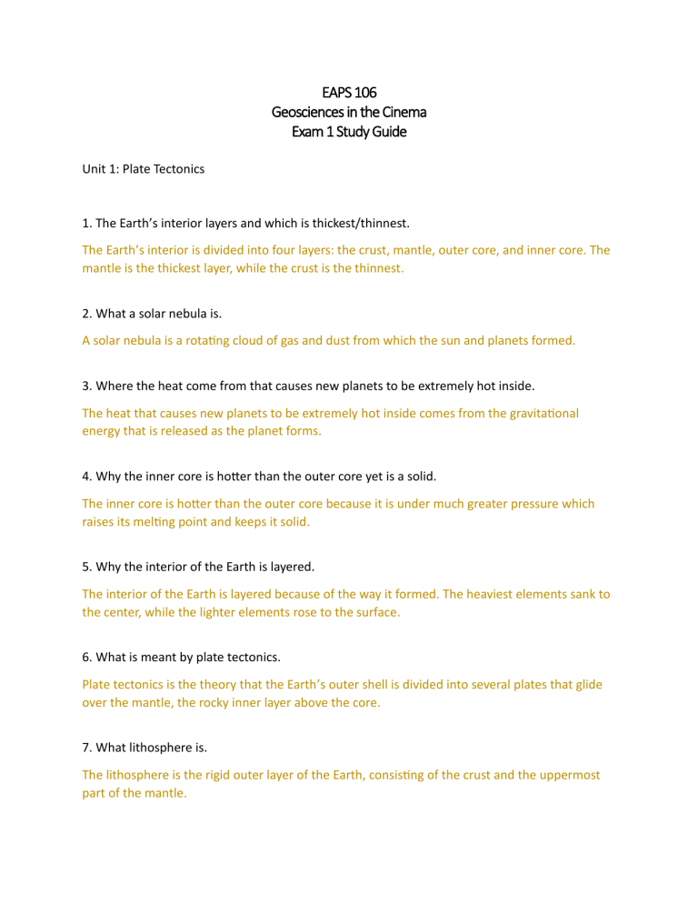 Geosciences Exam 1 Study Guide: Plate Tectonics & Earthquakes