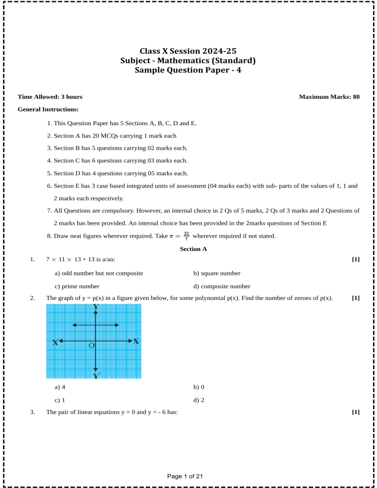 Class X Mathematics Sample Question Paper 2024-25
