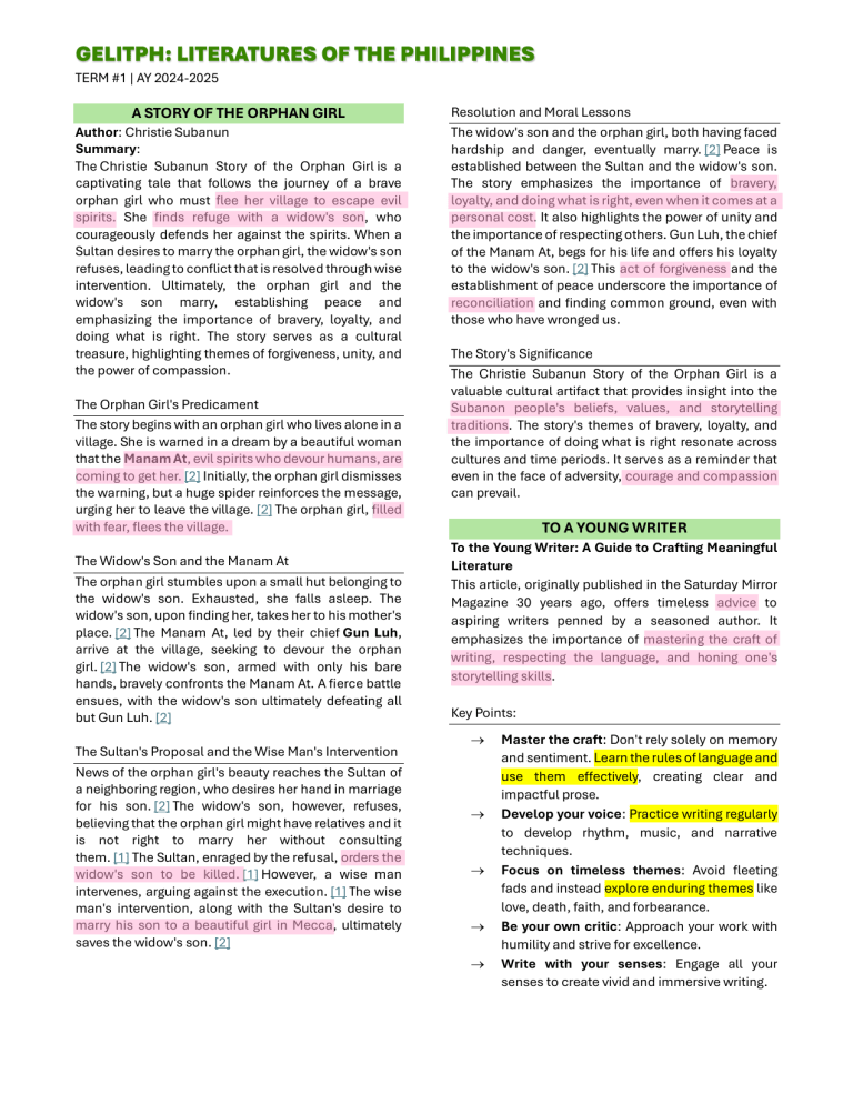 Philippine Literature: Orphan Girl Story & Writing Guide