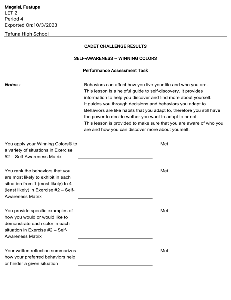 Cadet Challenge Results: Self-Awareness & Conflict