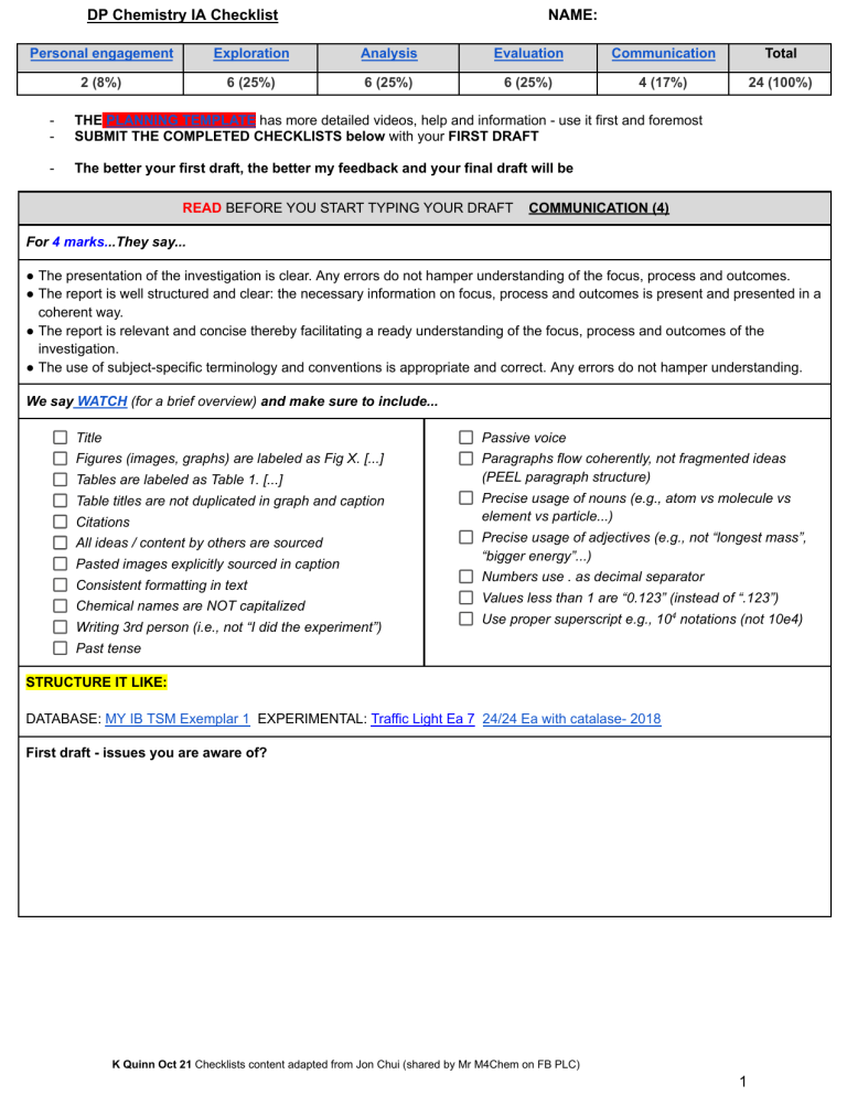 DP Chemistry IA Checklist