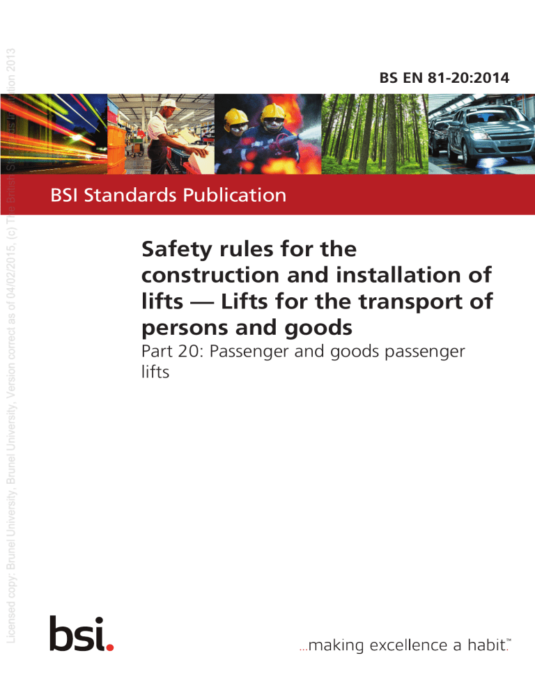 BS EN 81-20:2014 Lift Safety Standard