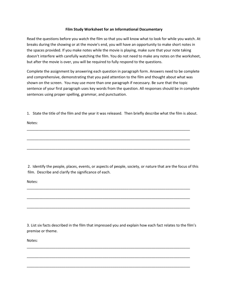 Film Study Worksheet for Informational Documentary