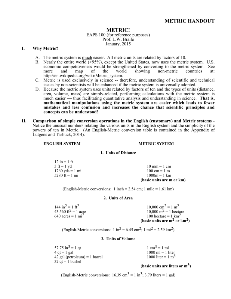 Metric System Handout: Conversions & Comparisons