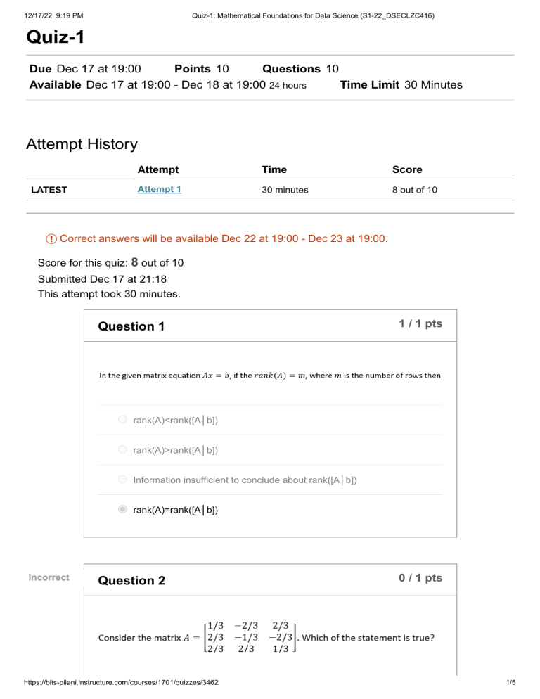 Mathematical Foundations for Data Science Quiz