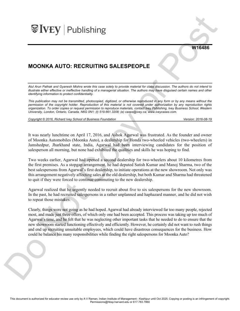 Moonka Auto: Recruiting Salespeople Case Study