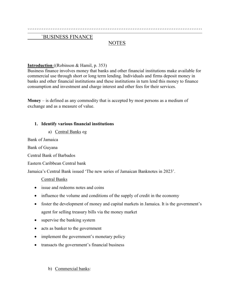 Business Finance Notes: Institutions, Regulations, and Management