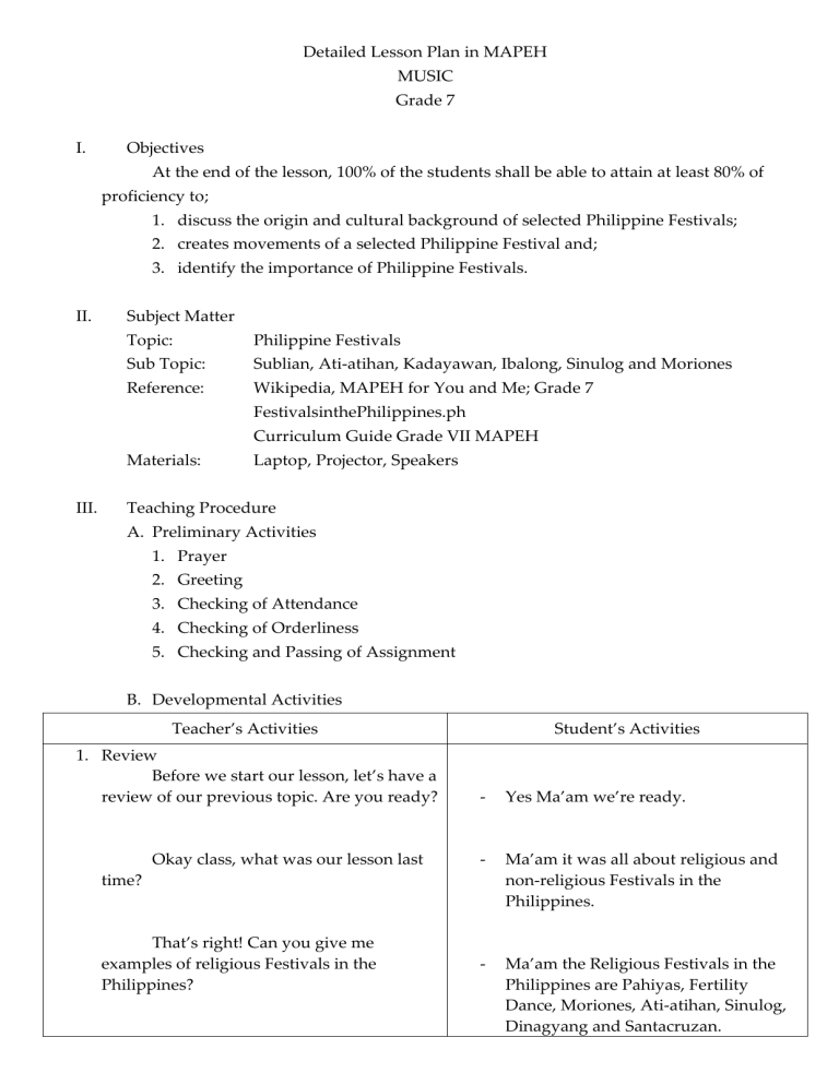 Grade 7 Music Lesson Plan: Philippine Festivals
