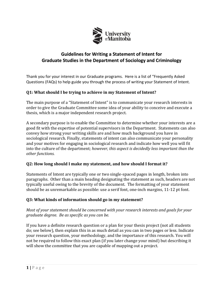Statement of Intent Guidelines for Sociology & Criminology