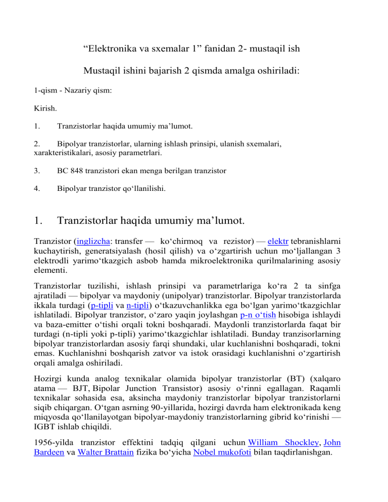 Elektronika va sxemalar: Tranzistorlar haqida mustaqil ish