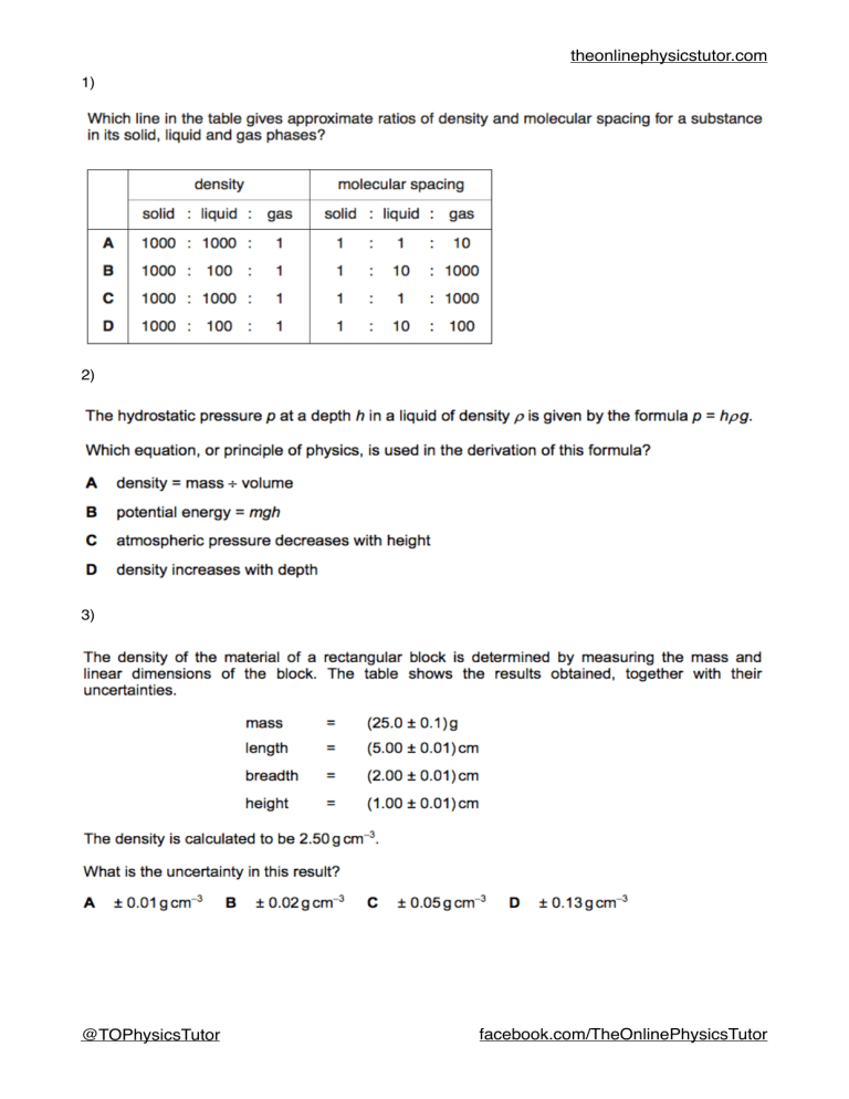 Physics Worksheet: Density, Pressure, Uncertainty