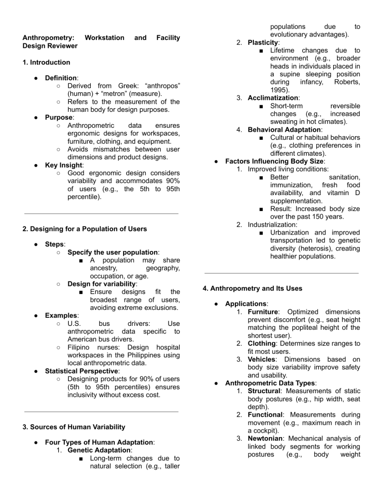 Anthropometry: Workstation and Facility Design Review