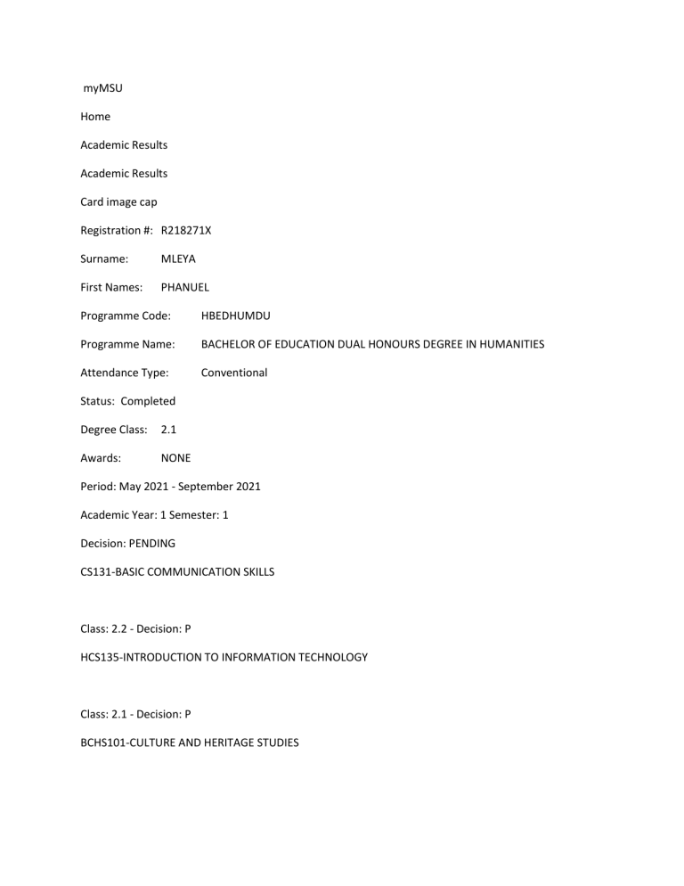 Phanuel Mleya Academic Transcript - myMSU