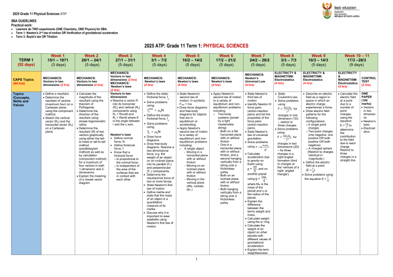 Grade 11 Physical Sciences Curriculum Plan Term 1
