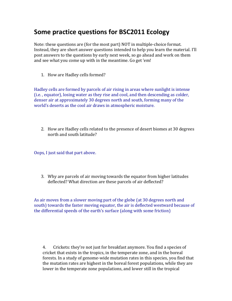 Ecology Practice Questions for BSC2011