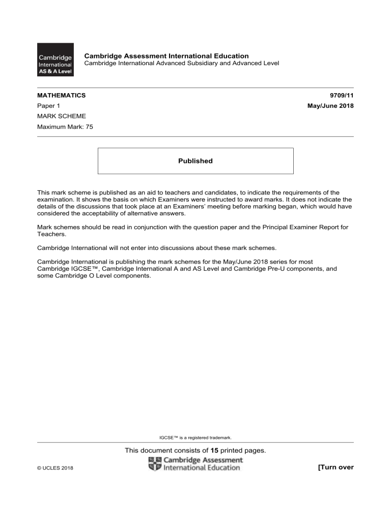 Cambridge AS/A Level Mathematics Mark Scheme 2018
