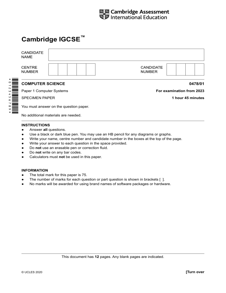 Cambridge IGCSE Computer Science Specimen Paper
