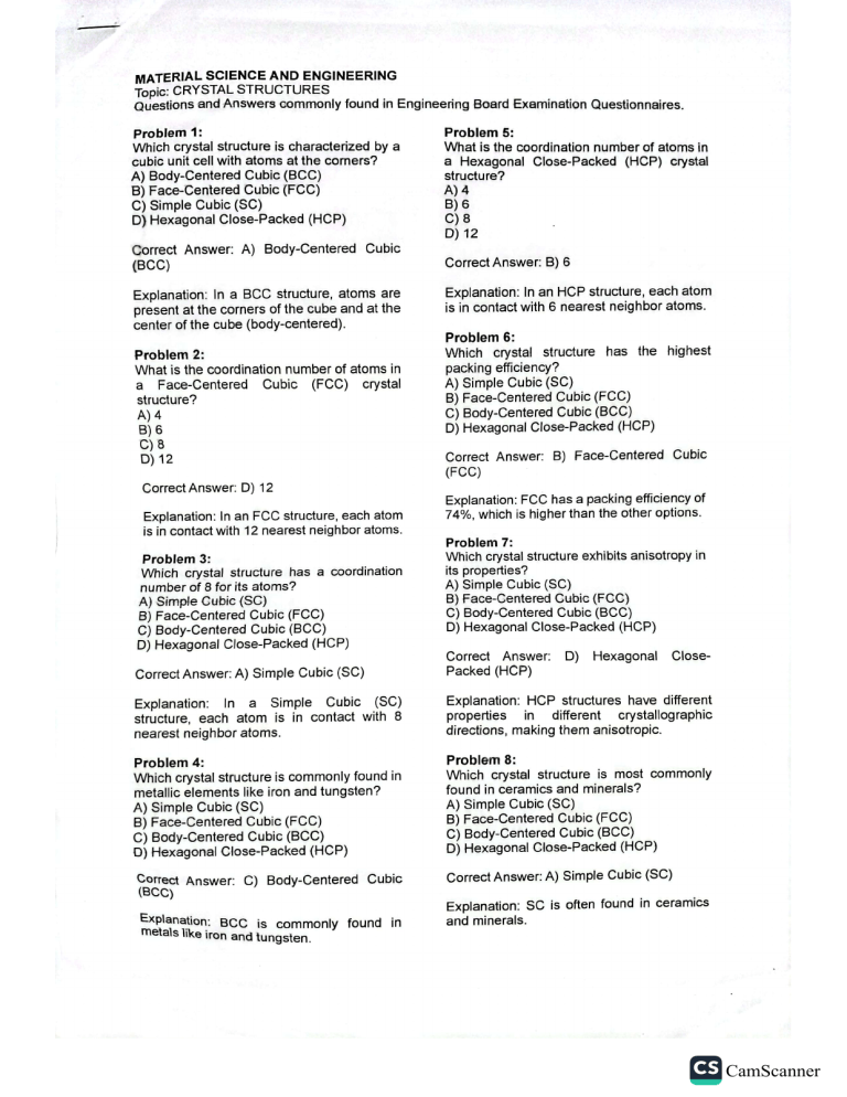 Crystal Structures Exam Questions: Material Science