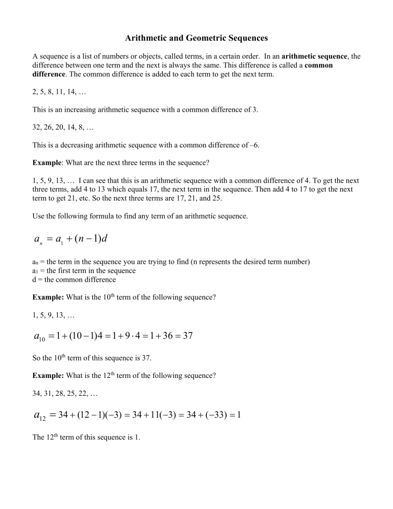Arithmetic and Geometric Sequences Worksheet