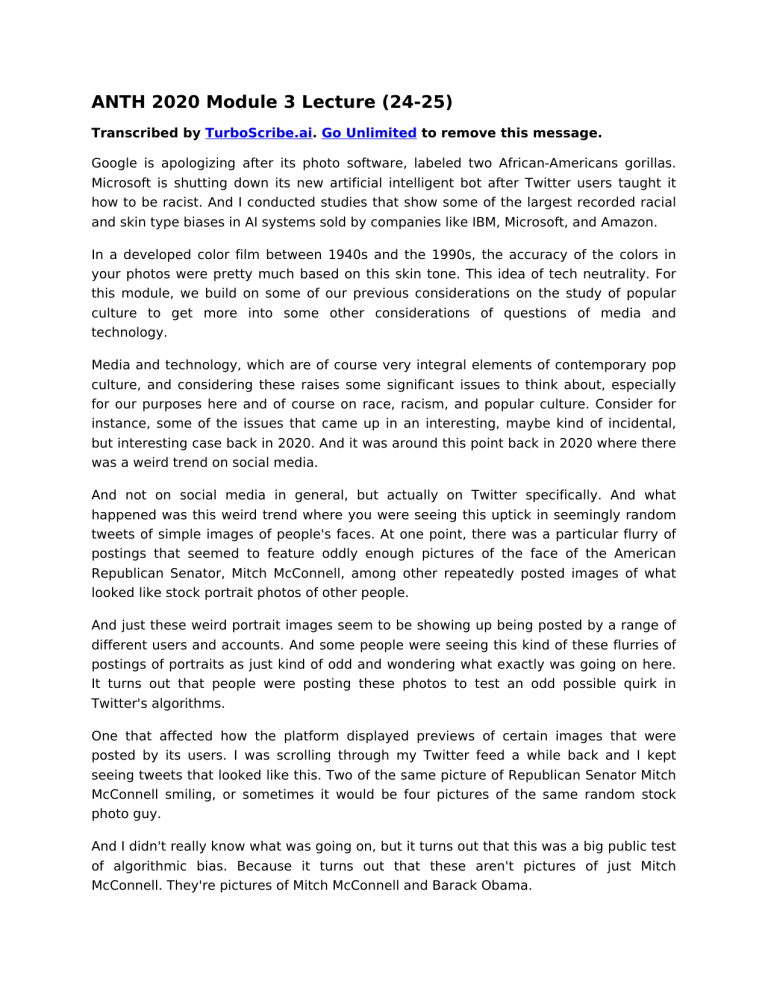 ANTH 2020 Lecture: Tech, Media, Race & Algorithmic Bias