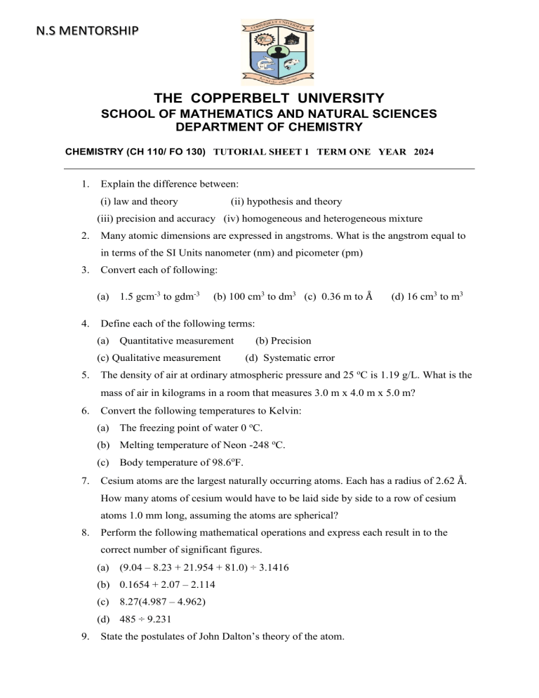 Chemistry Tutorial Sheet: Unit Conversions, Atomic Structure