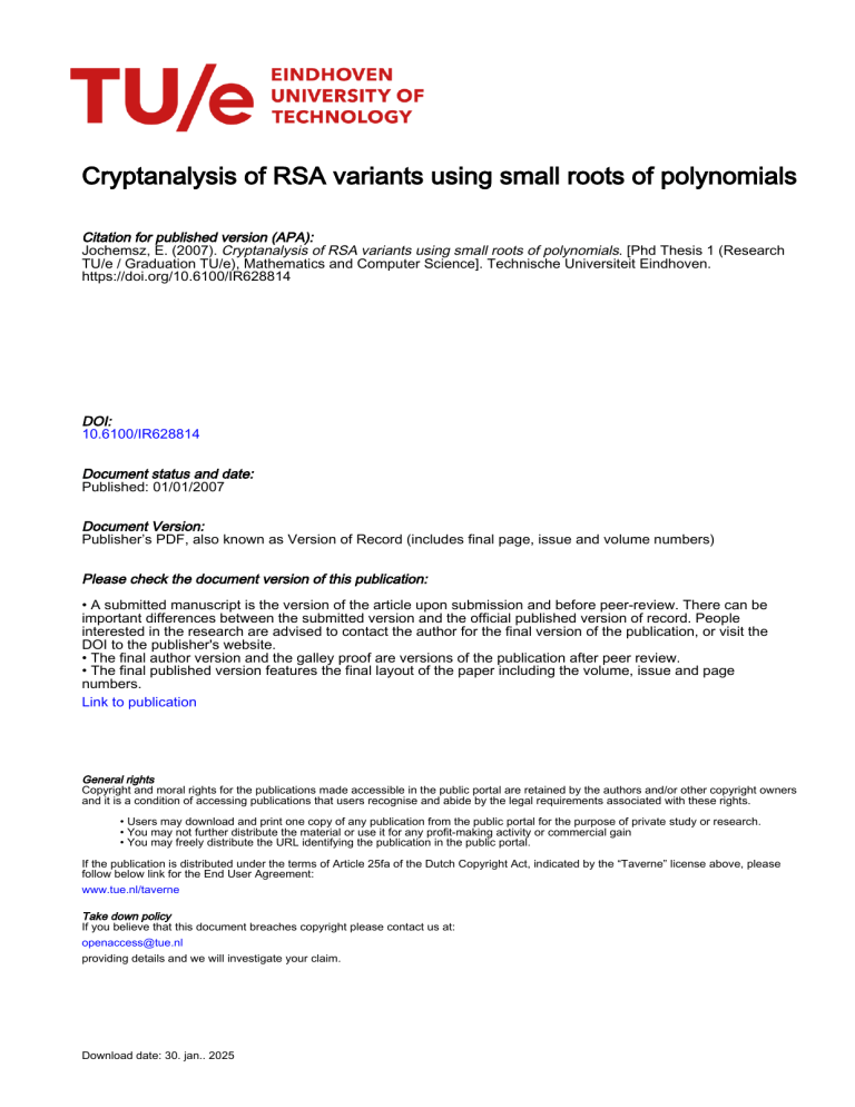 RSA Cryptanalysis using Small Roots of Polynomials