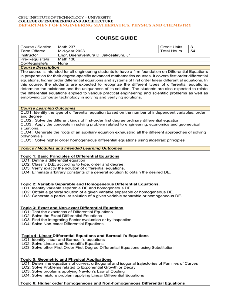 Math 237 Differential Equations Course Guide