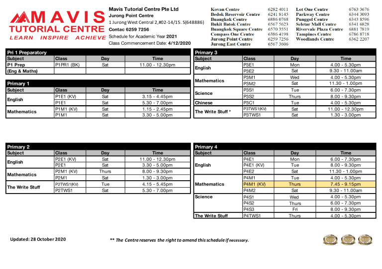 Mavis Tutorial Centre Schedule 2021