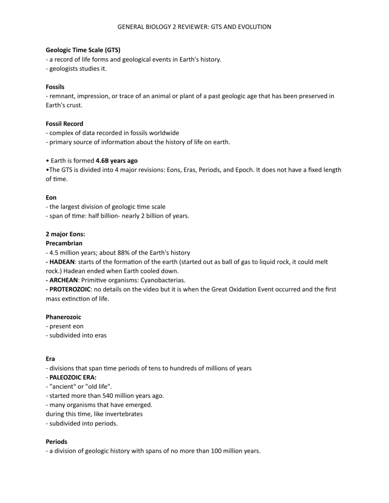 General Biology 2 Reviewer: GTS and Evolution
