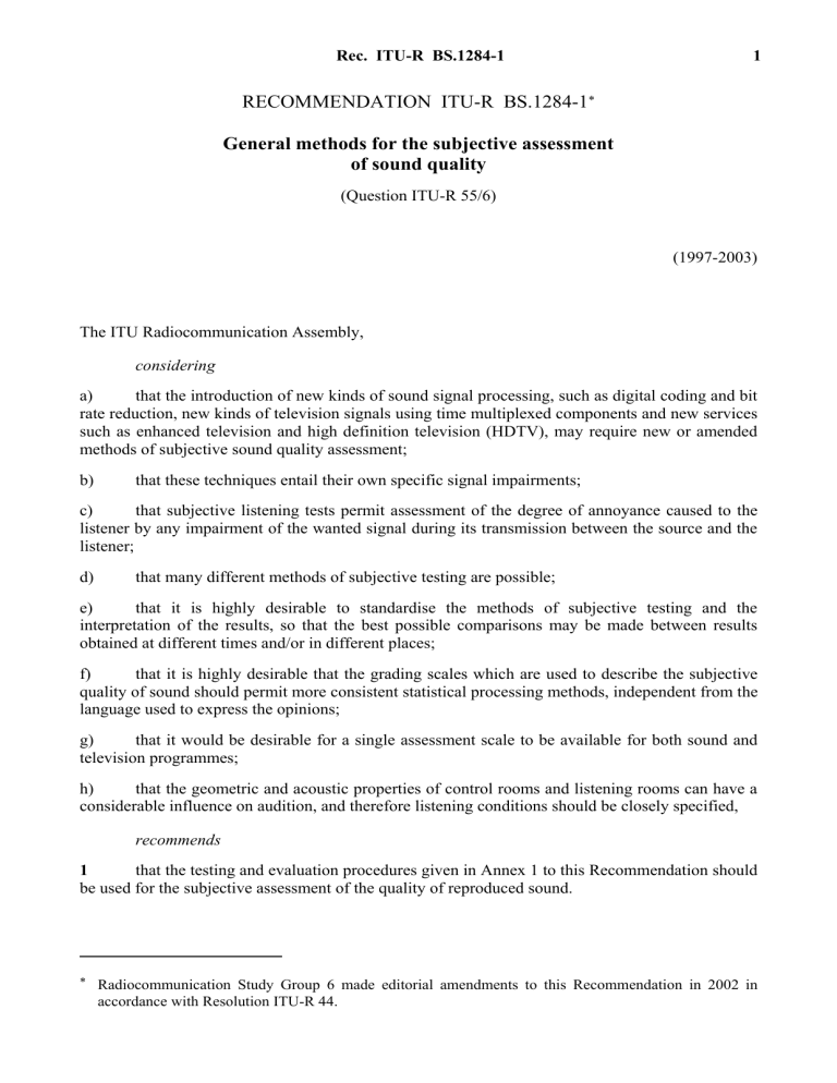 ITU-R Sound Quality Assessment Recommendation
