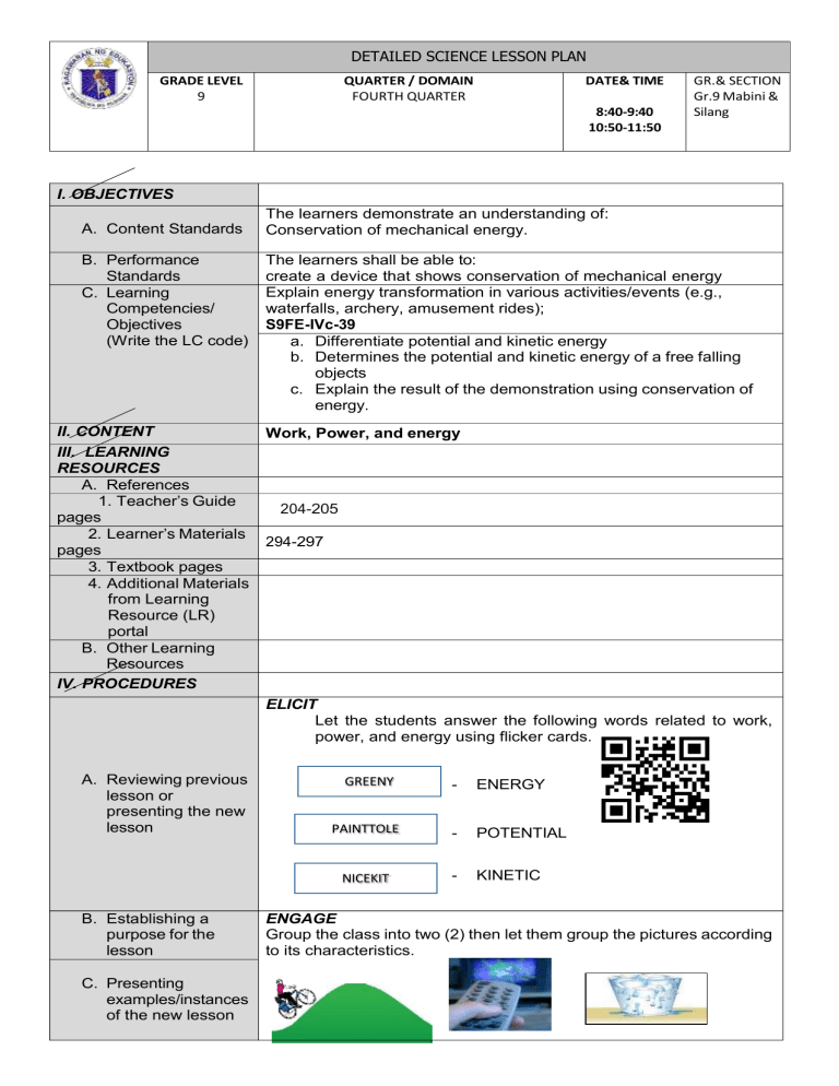 9th Grade Science Lesson Plan: Work, Power, Energy
