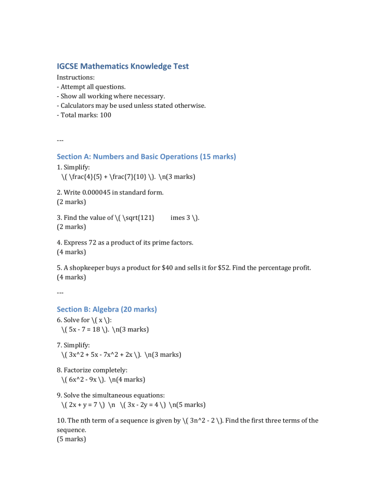 Igcse Mathematics Knowledge Test