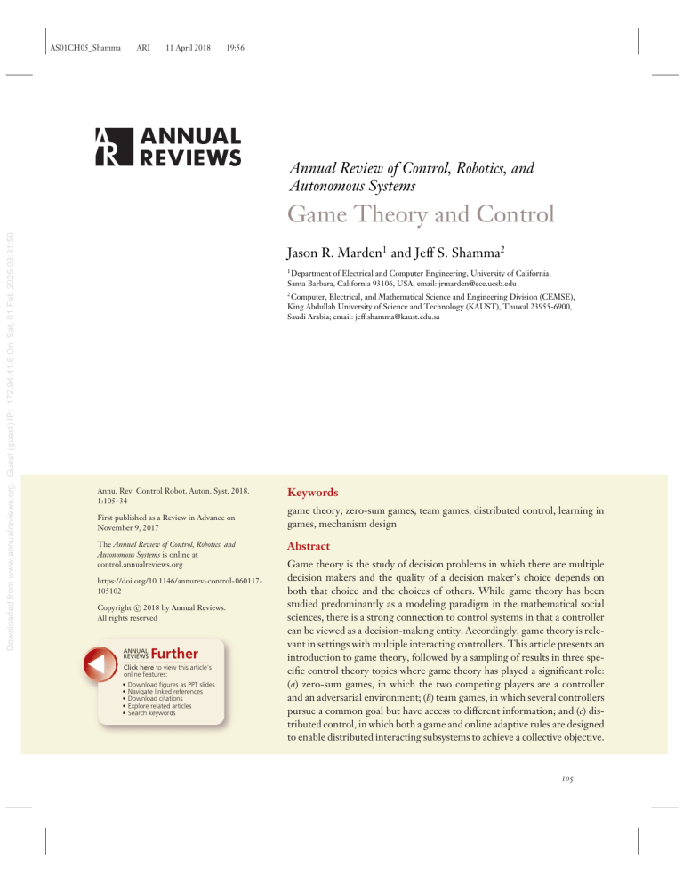 Game Theory and Control in Autonomous Systems