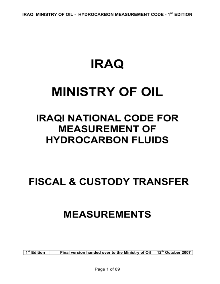 Iraq Hydrocarbon Measurement Code