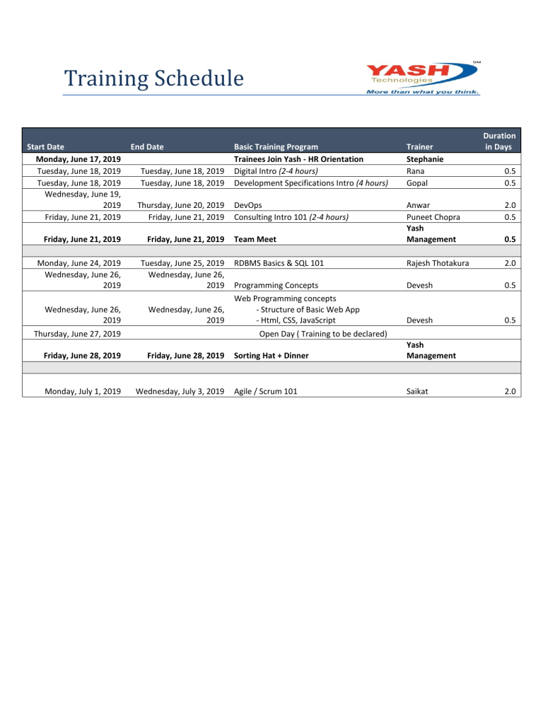 Training Schedule: June-July 2019