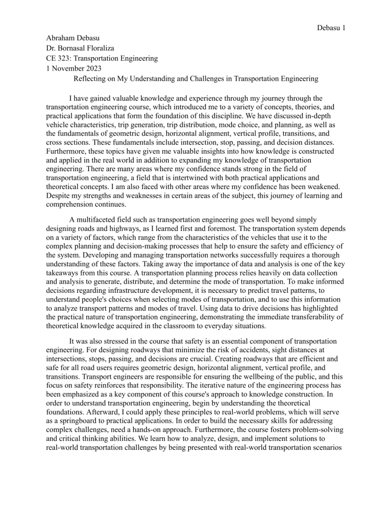 Transportation Engineering Reflection Essay