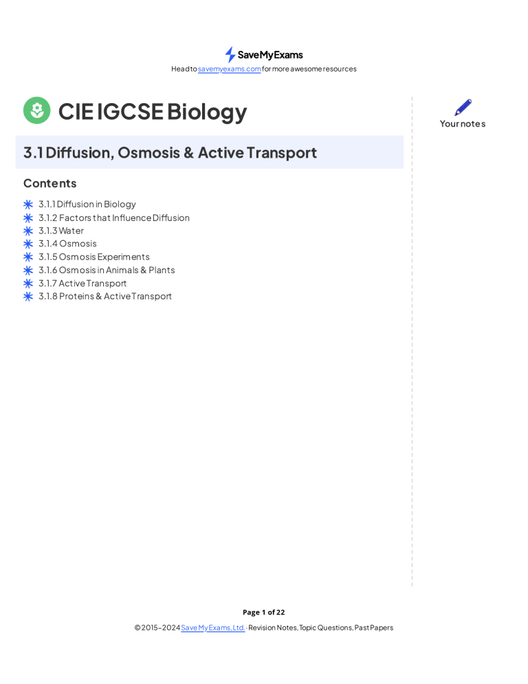 IGCSE Biology: Diffusion, Osmosis & Active Transport Notes