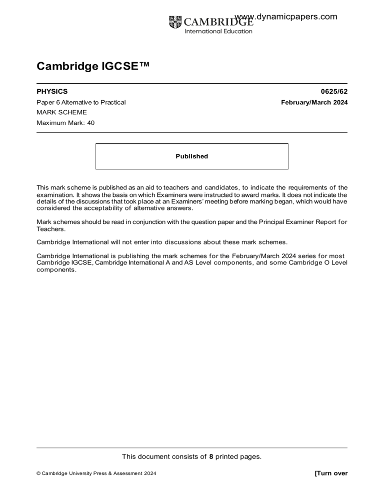 IGCSE Physics 0625/62 Mark Scheme Feb/Mar 2024