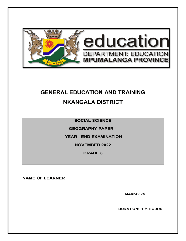 Grade 8 Geography Exam: Settlement, Trade & Transport