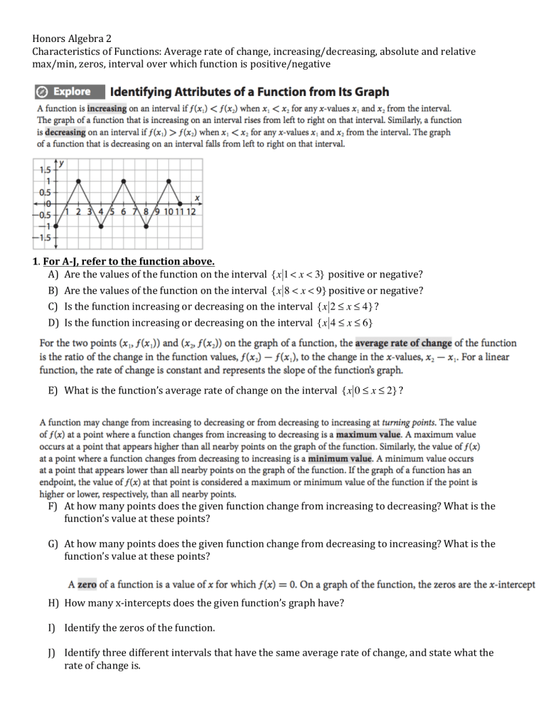 Honors Algebra 2: Function Characteristics Worksheet