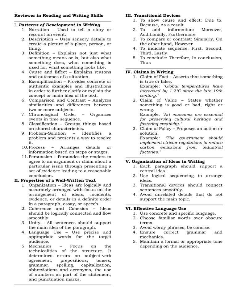 Reading & Writing Skills Reviewer