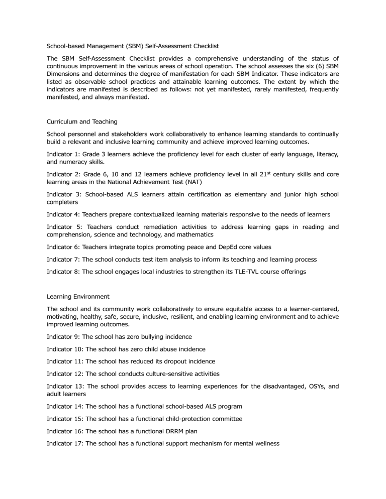 SBM Self-Assessment Checklist