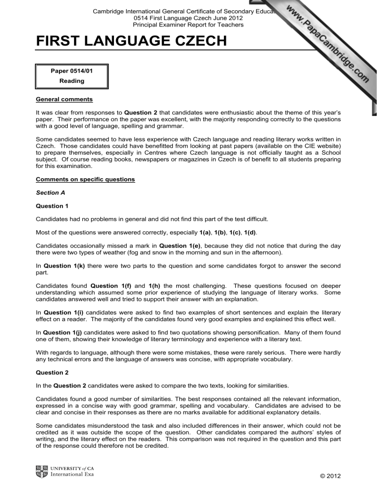 IGCSE Czech Exam Report: Reading & Writing (June 2012)